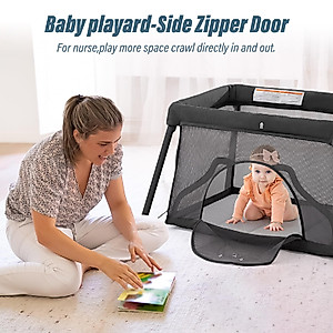 Travel Crib,3 in 1 Portable Crib for Baby, Lightweight Pack and Play for Babies and Toddler, Foldable Travel Baby Playpen with Comfortable Mattress and Carry Bag(Dark Grey)