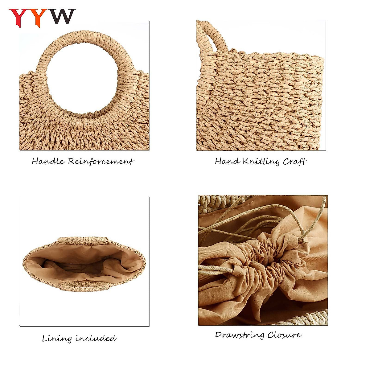 Straw Bags for Women, Hand-woven Straw Large Hobo Bag Round Handle Ring Toto Retro Summer Beach bag (Beige)
