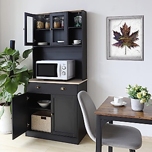 MUPATER 72'' Kitchen Pantry Cabinet Storage Hutch with Microwave Stand, Freestanding Pantry Buffet Cabinet with Adjustable Shelves, Cupboard and Drawer for Home, Black