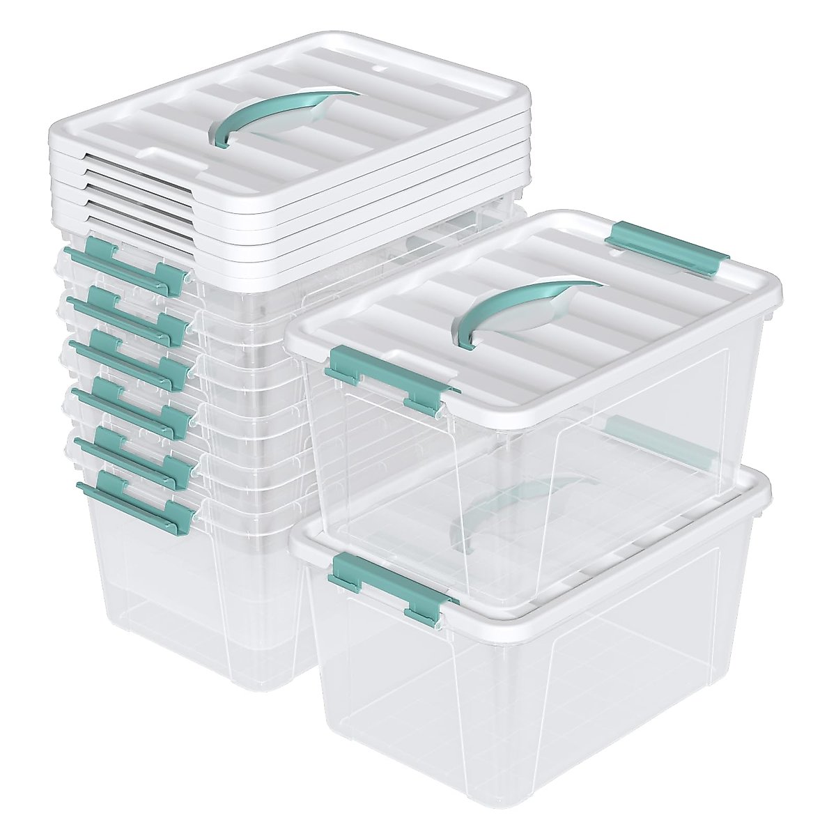 Uumitty 14 Quart Stackable Storage Bin with Latching Lid, Plastic Container Box to Organize Office, Crafts, Clear Base and White Lid, 8-Pack