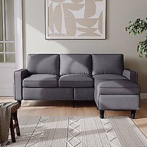 Yattem Convertible Sectional Sofa Couch, 3Seat L-Shaped Sectional Sofa Couch,Dark Gray Linen Sofa Furniture Sets with Reversible Storage Ottoman & Storage Pockets for Living Room Apartment Small Space