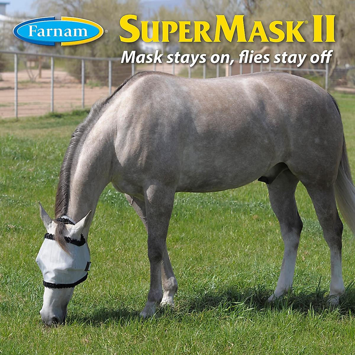 SuperMask II Shimmer Weave Mesh Horse Fly Mask Without Ears, Eye Protection from Insect Pests, Soft Silver Mesh with Black Plush Trim, Horse Size