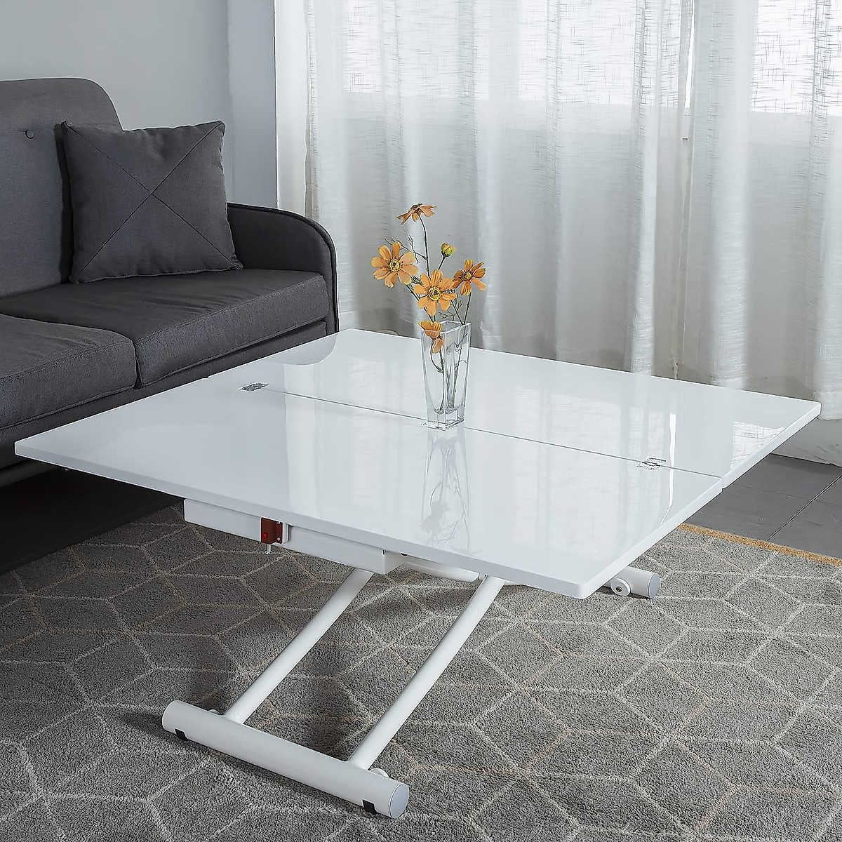 MYSELFLY Living Room Dinning Tables Folding Metal Lift Bracket Multifunction Transform Dinner Kitchen Coffee Tea End Table in Home Wood Desktop Design 40x35 White