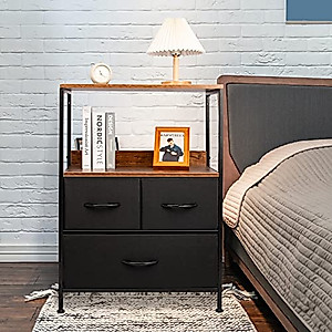 CONNOO Nightstand, Bedside Table with 3 Fabric Drawer, Storage Shelf, 2 Wooden Top, Night Stands Dresser for Bedroom, Hallway, Hotel, Closet, Nursery, Living Room, Office, Industrial Rustic Black
