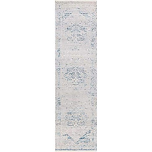 Unique Loom Noble Collection Country, Traditional, Distressed, Vintage, Geometric, Border, Medallion Area Rug, 2' 7" x 9' 11", Blue/Beige