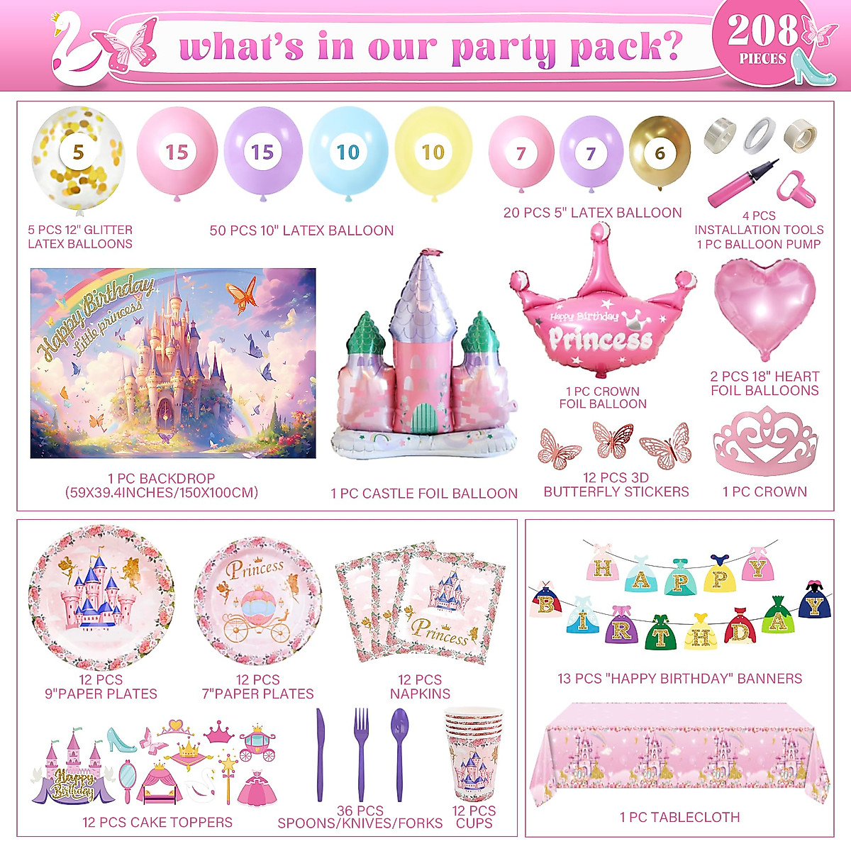 Party Spot! 208 PCS Princess Birthday Party Decorations For Girl, 12 Tableware Sets, Castle Balloons, Balloon Arch, Disposable Paper Plates, Backdrop, Balloon Pump, Princess Party Decorations