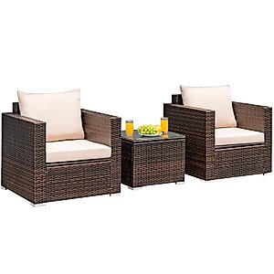 Tangkula 3 Pieces Patio Furniture Set, Outdoor Conversation Rattan Furniture Set w/Washable Cushion and Tempered Glass Tabletop, PE Rattan Wicker Sofa Set for Garden Poolside Balcony