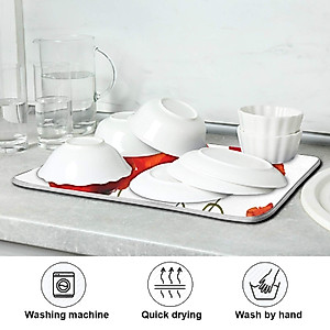 Oarencol Poppy Red Flower Dish Drying Mat Large Kitchen Counter Reversible Microfiber Dishes Drainer Mat 18 x 24 Inch