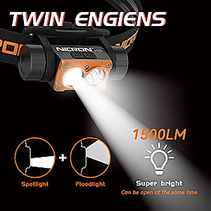 NICRON Rechargeable Headlamp, High Bright 1500 lumens 180° Rotating Aluminum LED Head Lamp with 3 Light Sources 10 Modes Waterproof Head Flashlight H25 for Camping Hunting Running Fishing Biking,Black