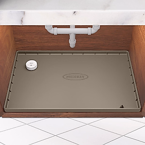 Under Sink Mat, Waterproof Silicone Mat with Water Leak Sensor Alarm, 34" x 22" Kitchen Cabinet Mat, Under Sink Liner Holds up to 3.7 Gallons Liquid(Brown)