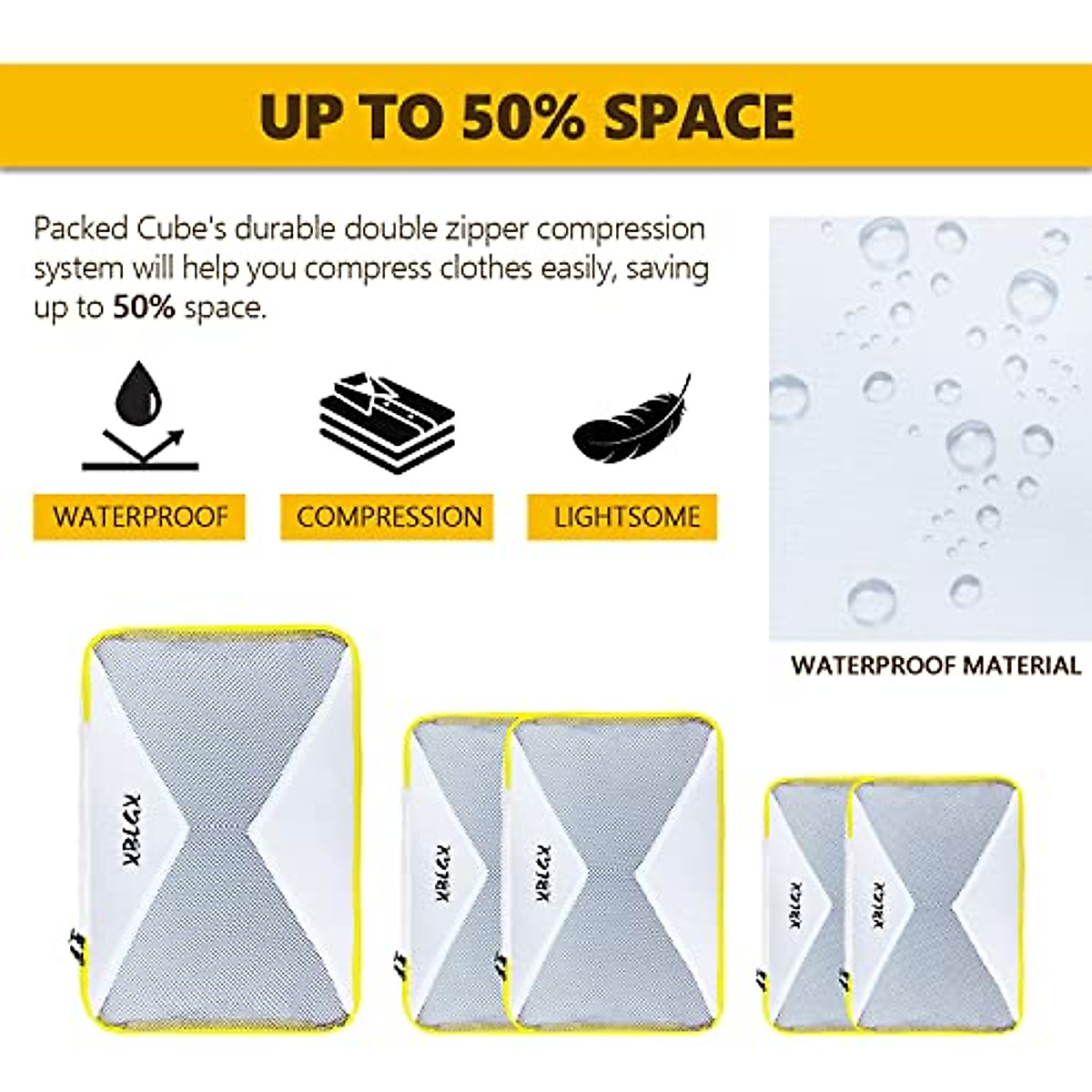 XBLGX Packing Cubes for Suitcases 5-Pcs Travel Luggage Packing Organizers Set with Laundry Bag & Shoe Bag（White/Yellow）