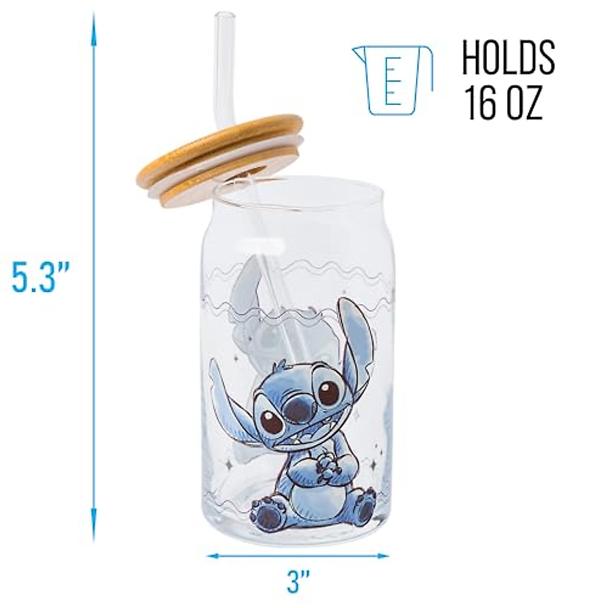 Silver Buffalo Disney Lilo and Stitch Sitting Glass Jar Tumbler with Bamboo Lid and Glass Straw, 16 Ounces
