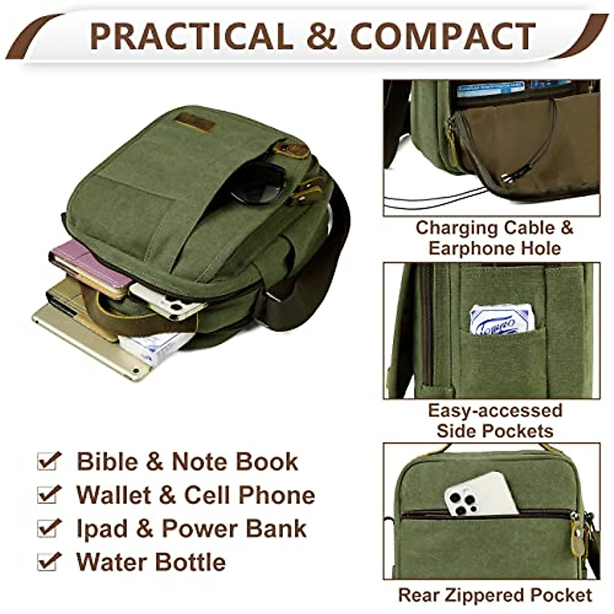 VASCHY Messenger Bag Small, Canvas Water Resistant Crossbody Shoulder Bag Purse for Men and Women Green