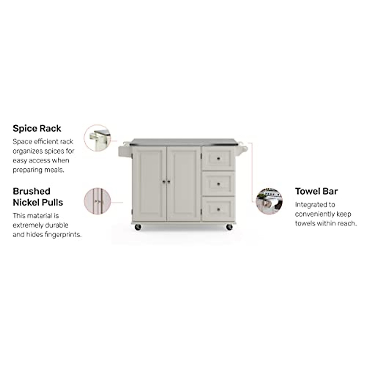 Homestyles Kitchen Cart with Stainless Steel Metal Top Rolling Mobile Kitchen Island with Storage and Towel Rack 54 Inch Width Off White