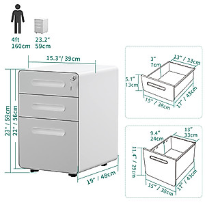 YITAHOME 3-Drawer Rolling File Cabinet, Metal Mobile File Cabinet with Lock, Filing Cabinet Under Desk fits Legal/A4 Size for Home/Office, Fully Assembled-Gray and White