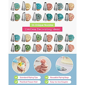Kootek 32-Piece Piping Bags and Tips Set with 24 Icing Piping Tips, 2 Reusable Pastry Bags 12 Inch, Reusable Piping Icing Bags and Tips, Cake Decorating Kit for Frosting Cookie, Cupcake