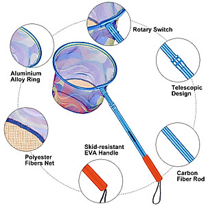 Kids Fishing Net, Telescoping Bait Net, Minnow Net, Butterfly Net - 11.4" Net Depth, Handle Extends to 30" for Easy Catch and Release (Blue 2pack)