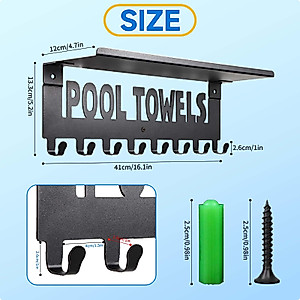 Kuhome Pool Towel Racks with Shelf Outdoor Pool Decor Wall Mount Towel Hooks Towel Holder with 8 Hooks Black Towel Storage Hanger Organizer for Bathroom Pool Accessories