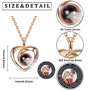 Jewenova 925 Sterling Silver Custom Photo Projective Necklace, I Love You Necklace 100 Languages Photo Necklace, Personalized Gift for Women, Rosegold