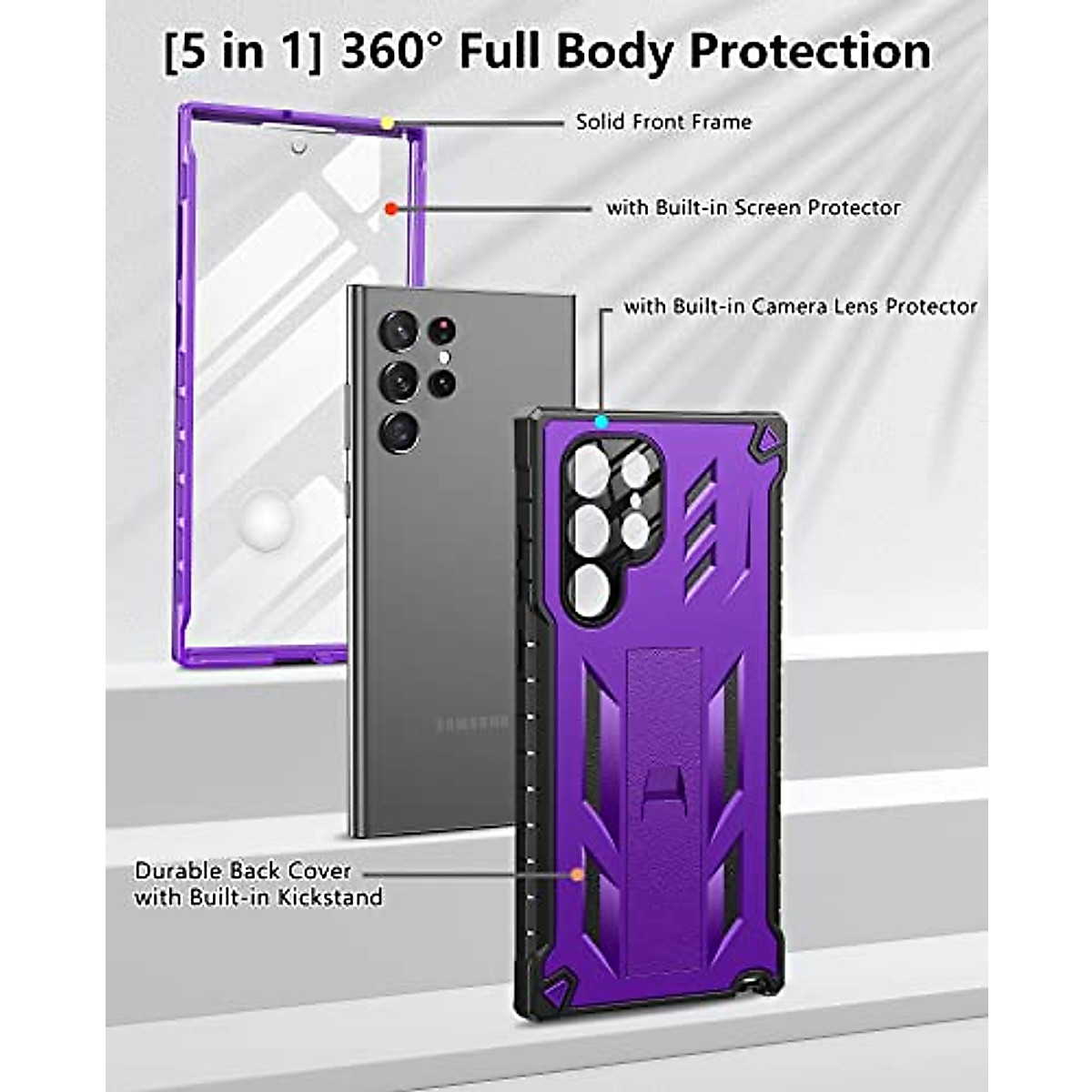 FNTCASE for Samsung Galaxy S22 Ultra Case: Built-in Screen Protector & Kickstand Full-Body Dual Layer Rugged Military Grade Shockproof Protection Heavy Duty Protective Phone Cover 5G-Purple