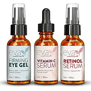 Eva Naturals Facelift in a Bottle - 3-in-1 Anti-Aging Set with Retinol Serum, Vitamin C Serum and Eye Gel - Formulated to Reduce Wrinkles, Fade Dark Spots and Treat Under-Eye Bags - Premium Quality