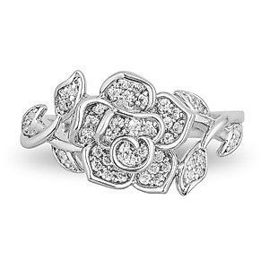 Jewelili Enchanted Disney Fine Jewelry Sterling Silver 1/4 Cttw White Natural Diamonds Belle Rose Ring Size 9