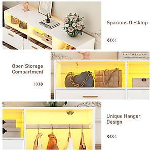 Hlivelood 63" W Dresser for Bedroom with Hanging Rack & Shelves, White 6 Drawers Dresser with LED Lights, Chest of Drawers Storage Shelves, Bedroom, Closet, Entryway, 44" H