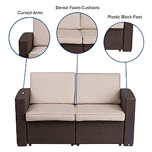 Flash Furniture Seneca Chocolate Brown Faux Rattan Loveseat with All-Weather Beige Cushions