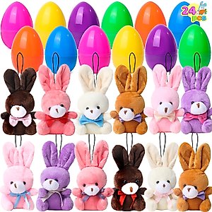 JOYIN 24 Pcs Filled Easter Eggs, Bright Colorful Easter Eggs Prefilled with Variety Plush Bunnies for Kids Toddlers Egg Hunt, Easter Basket Stuffers and Party Favors