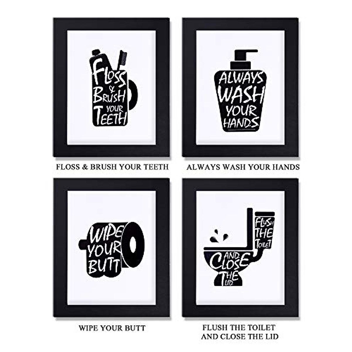 Bathroom Decor Wall Art Prints with Paper Frames;Funny Bathroom Wall Signs Wash Brush Floss Flush Black and White Bathroom Canvas Artwork Poster Carboard Frames 8×10inch set of 4(Black and White) (B)