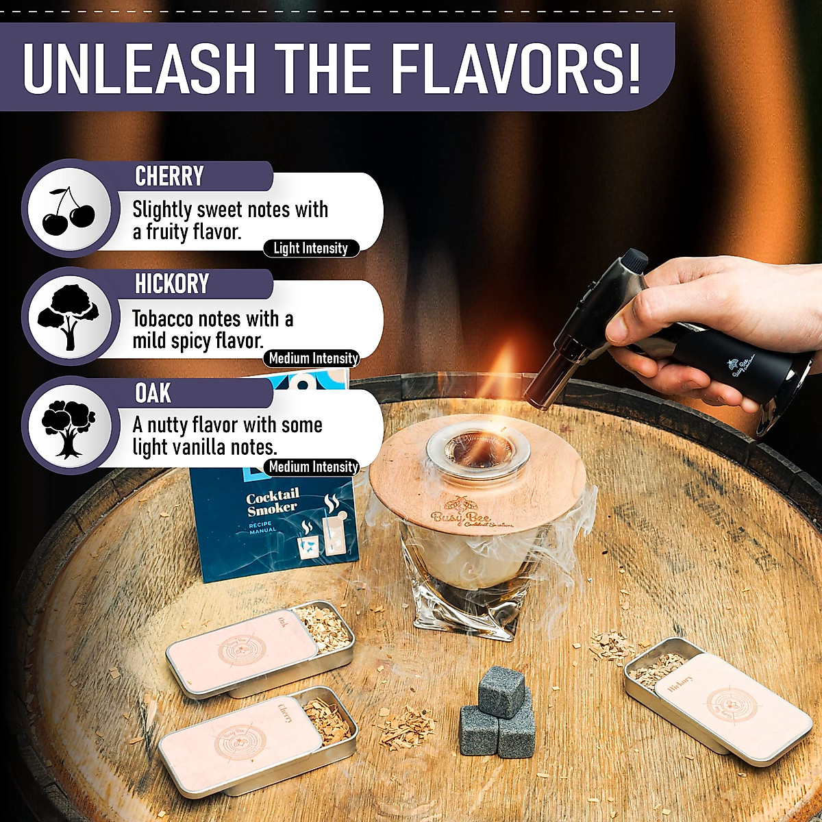 Cocktail Smoker Kit with Torch - Bourbon Smoker Kit - Whiskey Smoker Kit with Torch - Wood Chips - Smoked Old Fashioned Drink Smoker Kit - Bourbon Whiskey for Men and Dads