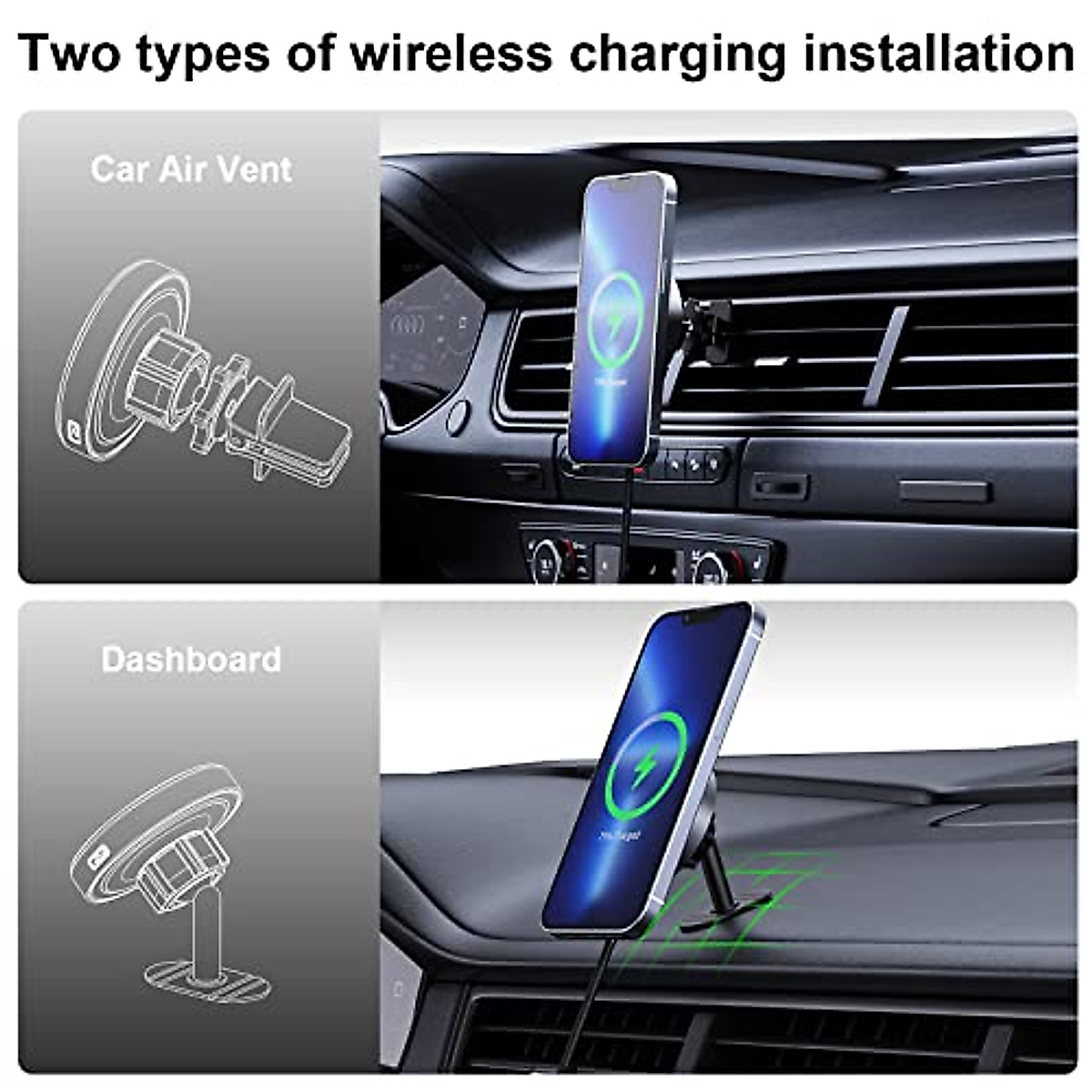 COSDIG Magnetic Wireless Car Charger Mount,Compatible with Magsafe Car Charger Mount,Stick on Dashboard Air Vent Phone Holder for iPhone 14/13/12 Series Phone & MagSafe Case