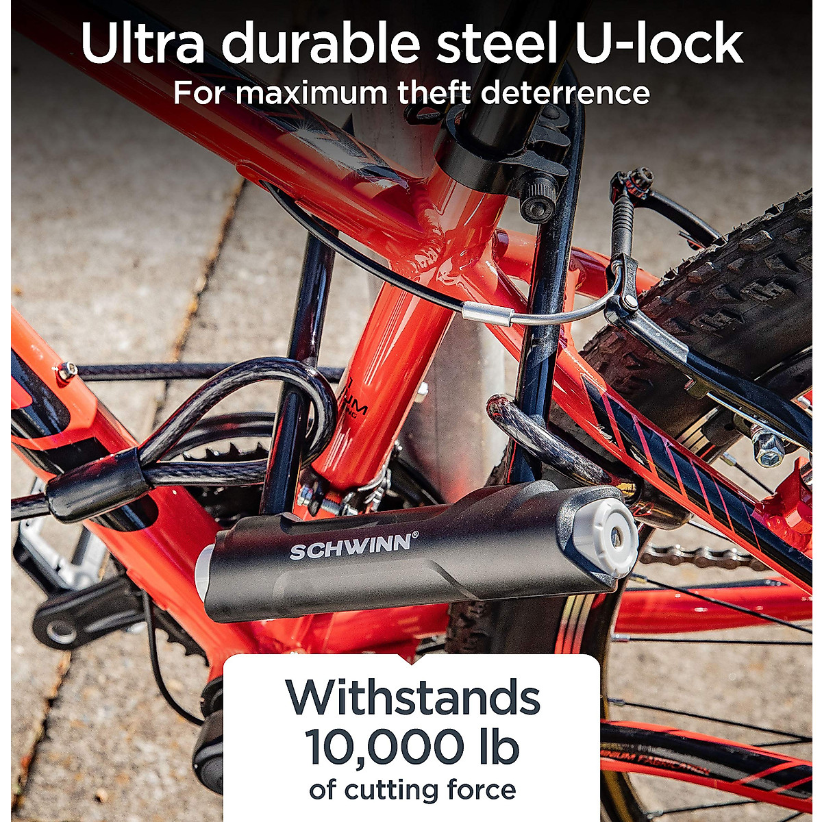 Schwinn Bike Max U-Lock with Double Crimped Cable, 2 Keys Included, 4 feet x 10mm Anti Theft Bicycle Lock, Security Level 5