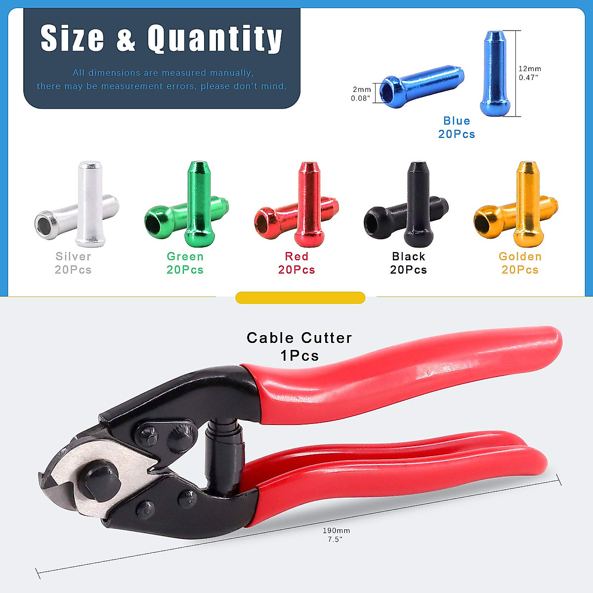 Glarks 121Pcs Bike Cable End Caps with Cable Cutter Set, 120Pcs 6 Colors Cable End Crimps Brake Cable End Caps with Stainless Steel Wire Rope Aircraft Bicycle Cable Cutter Up to 5/32"