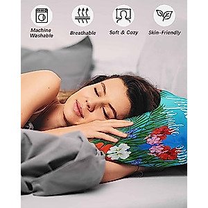 Tropical Plants Pillow Covers King Standard Set of 2 Bed Pillow, Colorful Summer Flowers Botanical Parrot Blue Plush Soft Comfort for Hair/ Skin Cooling Pillowcases with Envelop Closure 20''x36''