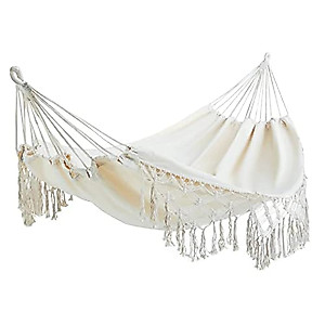 Outdoor Hammock 2 Person Large Brazilian Hammocks Canvas Cotton Indoor Hammock for Bedroom Patio Porch Garden Backyard Lounging Outdoor w/Handwoven Macramé Fringe Tassels