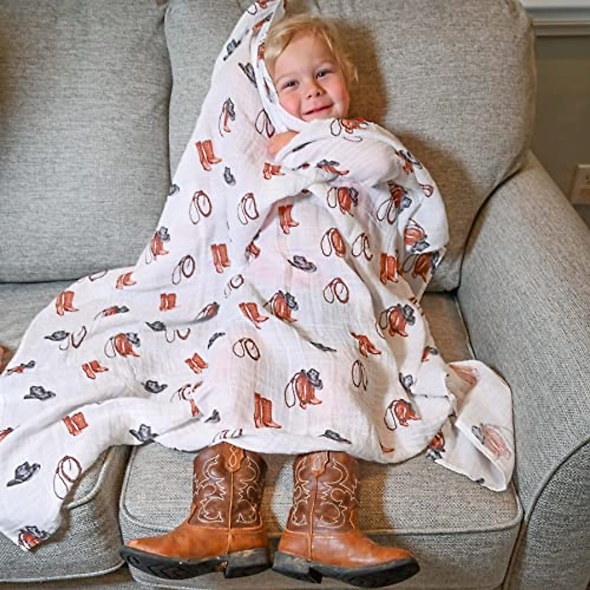 LollyBanks Swaddle Blanket | 100% Muslin Cotton | Gender Neutral Newborn and Baby Nursery Essentials for Girls and Boys, Registry | Cowboy Boot Print