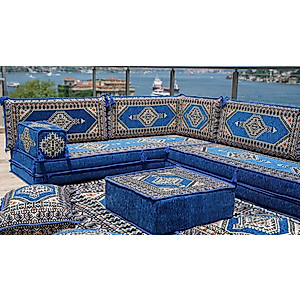 Royal Blue L Shaped Arabic Sofa Set, Floor Sofa Seating Set, Oriental Floor Seating, Floor Cushions, Arabic Lounge, Arabic Majlis, Arabic Jalsa (L Sofa Full Set, 8'' Thickness (20 cm))