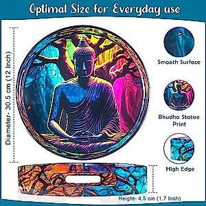 Crocon Decorative Round Serving Tray for Coffee Table Breakfast Buddha Printed Ottoman Tray Candle Holder Multipurpose Centerpieces for Dining Room Home Décor Makeup Drawer Organizer 12 Inch
