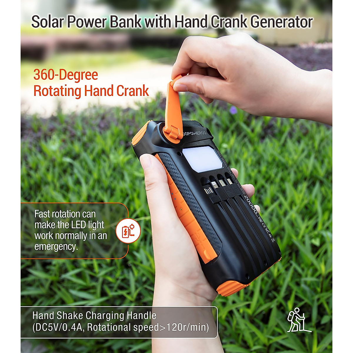 OOPOWEROO Solar Power Bank 20000mAh Built in Hand Crank and 4 Cables 22.5W Fast Charge Power Bank 5 Outputs & 5 Inputs Solar Portable Charger, SOS/Strobe/Strong Flashlights, Carabiner (Orange)