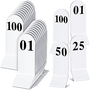 Geetery 100 Pcs Acrylic Table Numbers 1-100 Double Sided Table Number Cards Wedding Table Number Stands Restaurant Table Tent Table Number Signs for Party Banquets Supplies, 2.36 x 6.3 Inch (White)