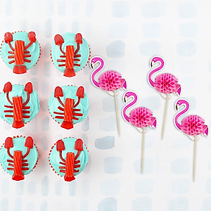 Ephlyn 24pcs 3D Flamingo Cupcake Toppers, Tropical Aloha Luau Cupcake Picks for Baby Shower, Summer Party, Wedding & Birthday Cake Decorations