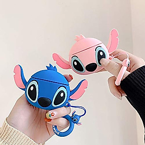 Compatible with Stitch AirPods Case 1/2, Protective Silicone Cute Funny Kawaii for Stitch AirPods Case, Kids Teens Boys Girls Cartoon 3D Cover for AirPods Case Stitch with Ring (Big Ear Blue Stitch)