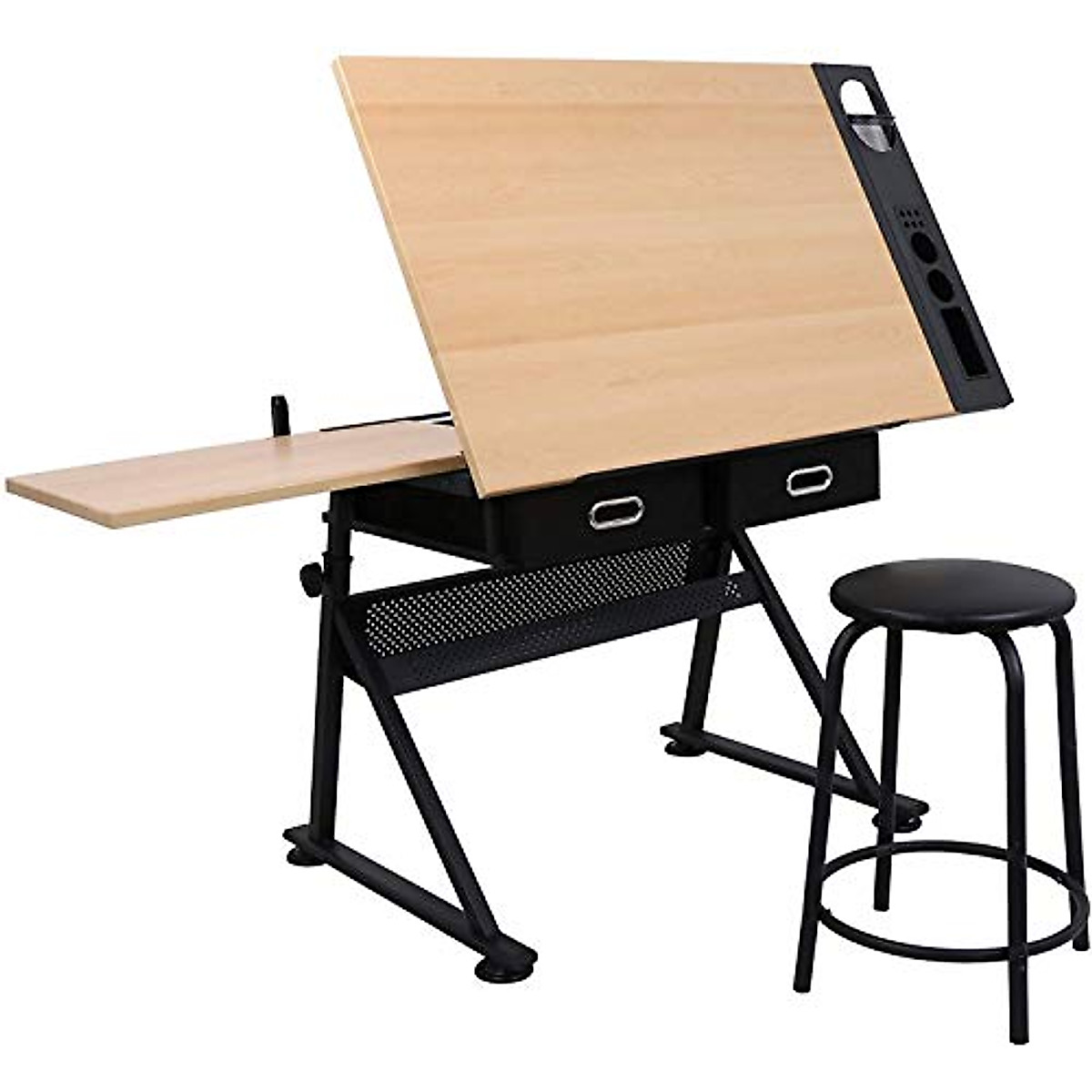 HomGarden Height Adjustable Drafting Desk Drawing Table Art Craft Work Station w/Stool, Storage Drawers for Drawing, Reading, Writing