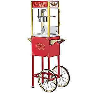 ROVSUN Popcorn Machine with Cart, Wheels & 8 Oz Kettle Makes Up to 32 Cups, Popcorn Maker with Stainless Steel Scoop, Oil Spoon & 3 Popcorn Cups for Commercial Home Movie Theater, Red
