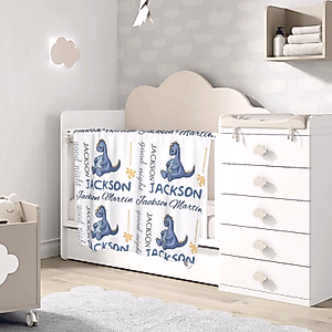 PFCNYMUA Personalized Baby Blankets for Boys with Name, Customized Dinosaur Baby Boys Blanket with Name for Baby Gifts Items 30x40 Inches