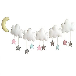 Bemeet, 5ft Felt Cloud Star Wall Hanging Decoration (Set of 1) Clouds Stars Moon Wall Hanging Garland, Baby Shower Party Supplies, Sky Theme String Garlands for Nursery Decor