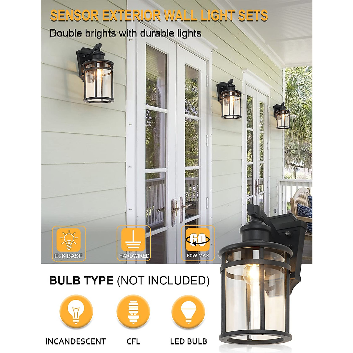 KXIEMRS 2-Pack Dusk to Dawn Sensor Outdoor Wall Lantern, Exterior Wall Mount Light Fixture, Matte Black Metal Wall Sconce with Clear Glass, E26 Base Waterproof for Backyard, Entryway, Garage, Garden…
