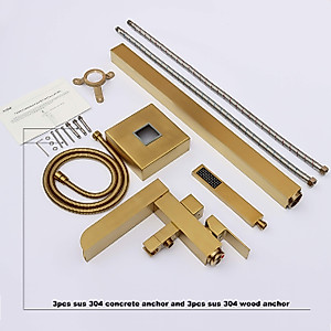 LLGG Freestanding Bathtub Faucet Tub Filler Brushed Gold Waterfall High Flow Rate 11.9GAL Floor Mounted Bathroom Mount Faucets with Hand Shower LLGG