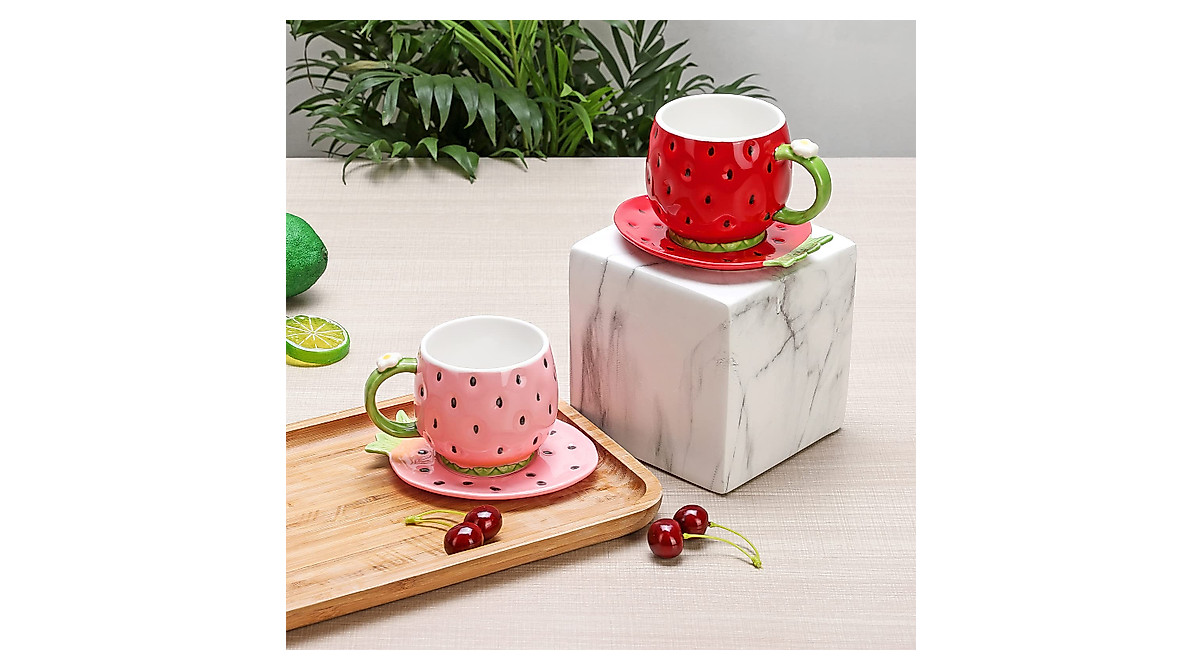 Noviko Strawberry Ceramic Tea Cup & Saucer - 8oz Red